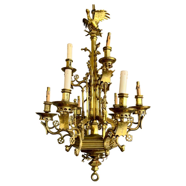 Stunning Antique Bronze Gothic Revival 9-Light Chandelier with Phoenix ...