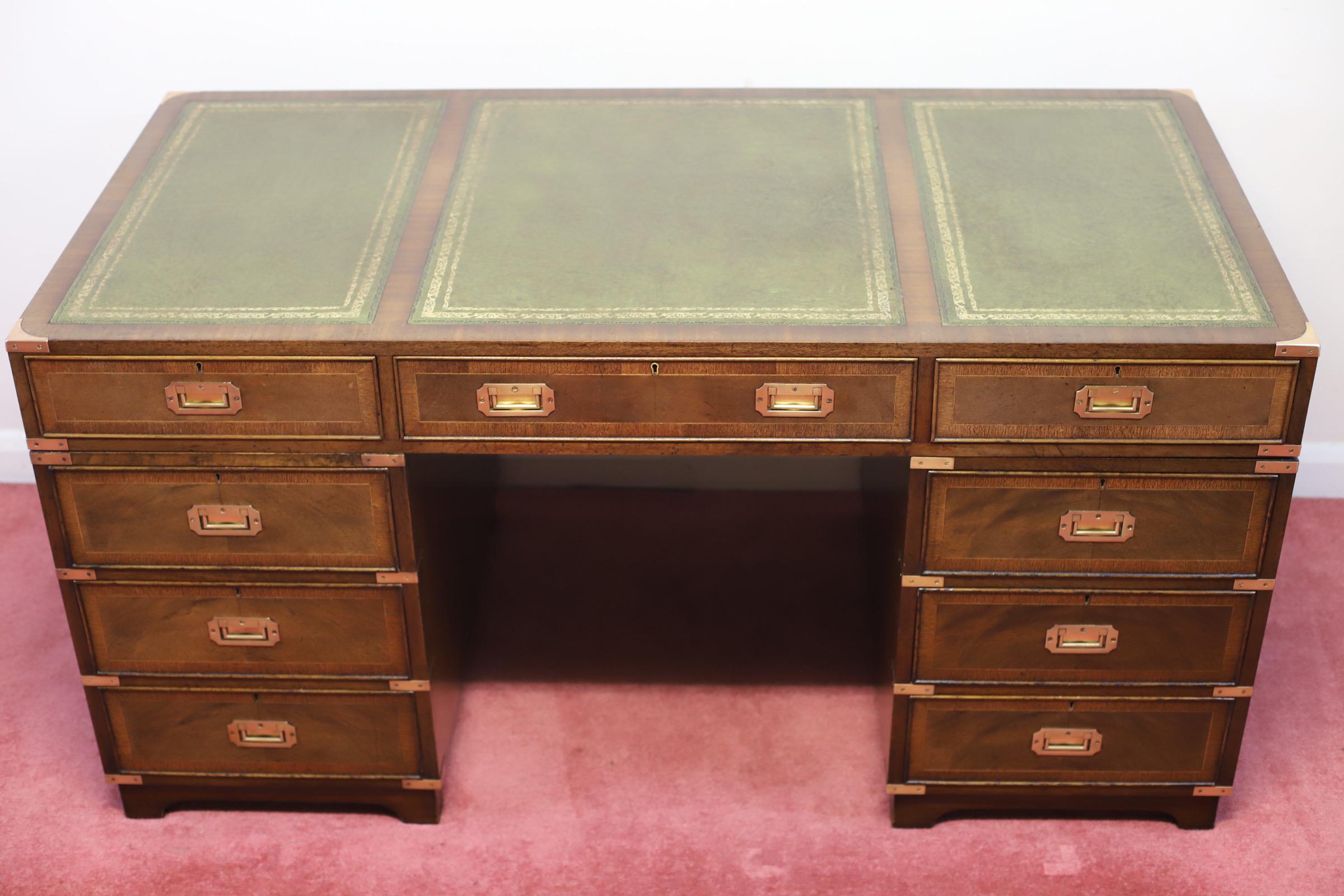 Stunning Antique Oak Campaign Style Pedestal Desk For Sale at 1stDibs