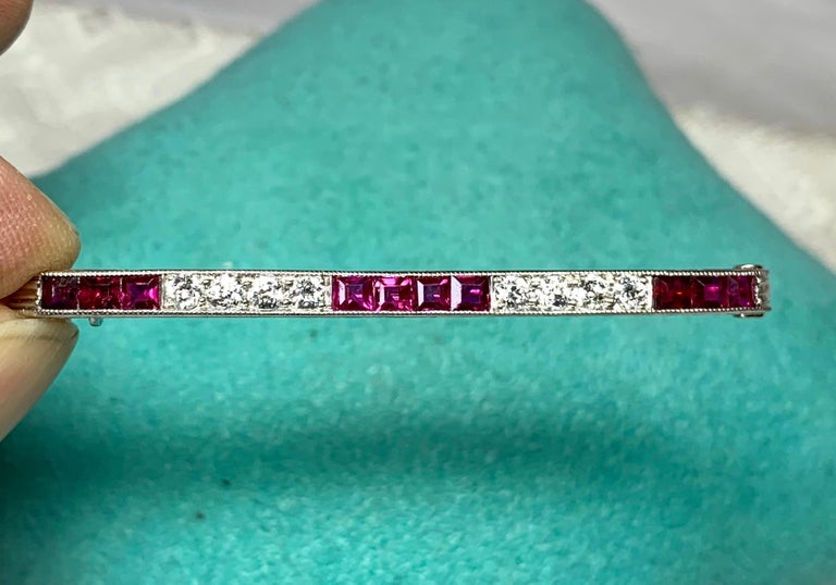 Stunning Art Deco 1.2 Carat Ruby Diamond Platinum Bar Brooch Pin at 1stDibs