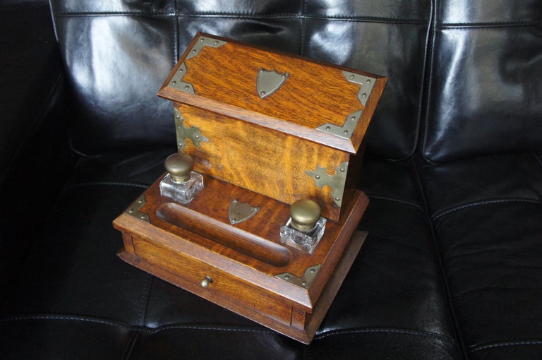 Stunning Arts and Crafts Era Oak Stationary Box with Glass Inkwells and ...
