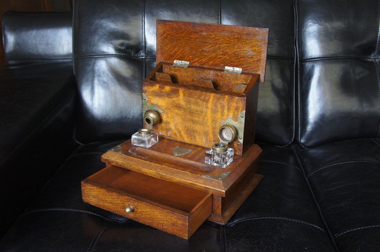 Stunning Arts and Crafts Era Oak Stationary Box with Glass Inkwells and ...
