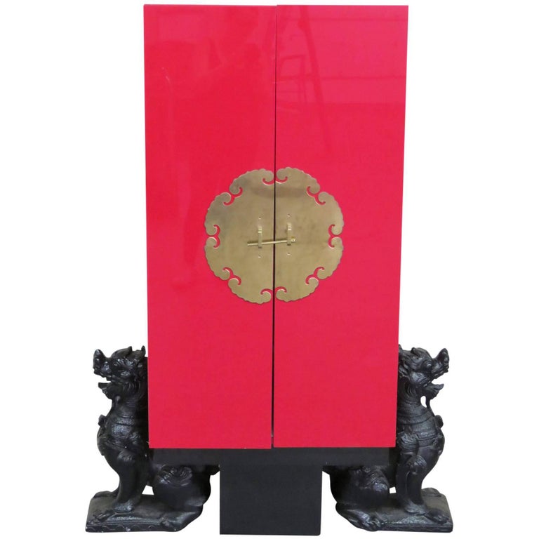 Chinese Red Lacquer and Ceramic Food Dog Base Liquor Bar Cabinet at 1stDibs