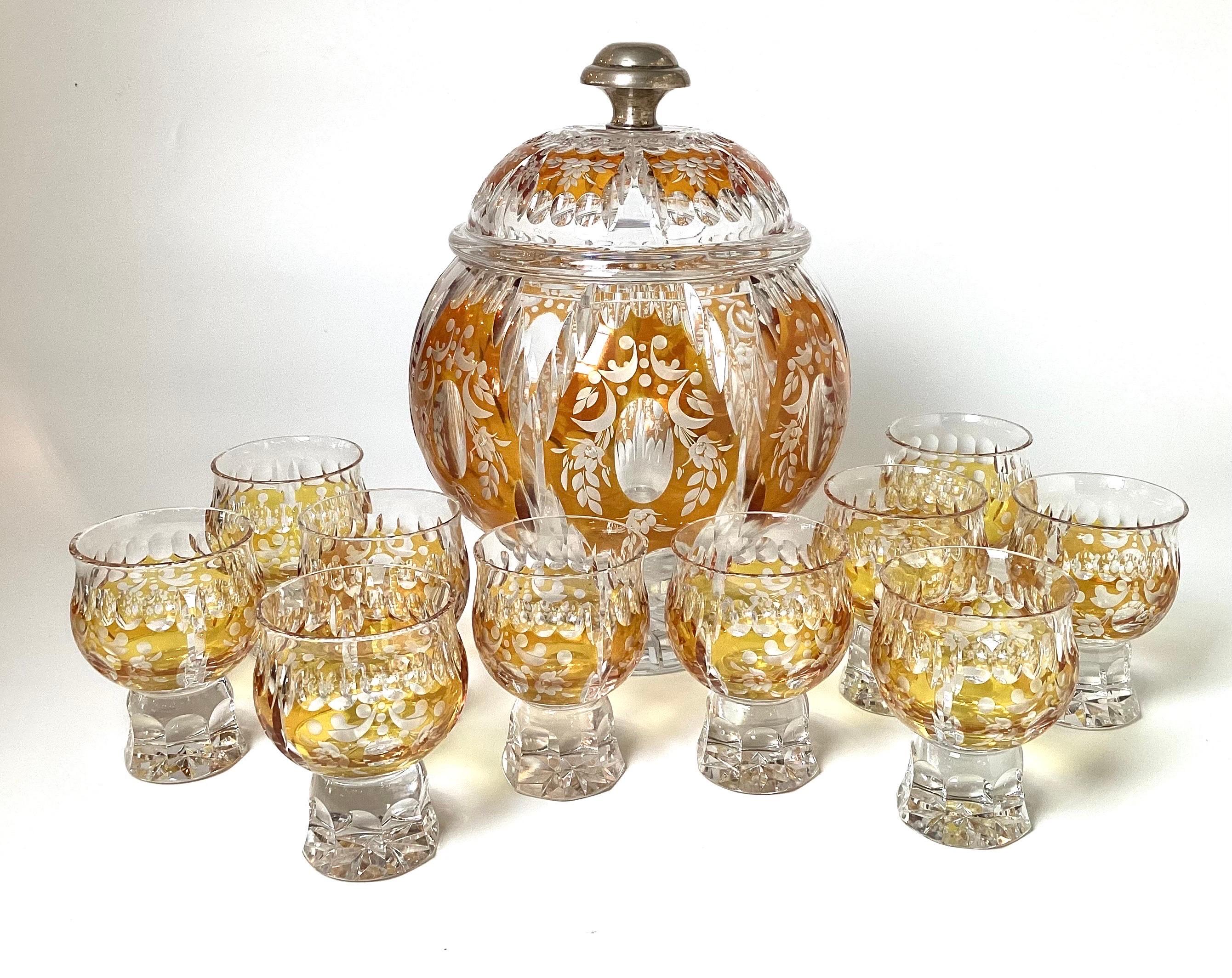 Stunning Bohemian Amber Cut to Clear Glass and Silver Punch Bowl Set ...