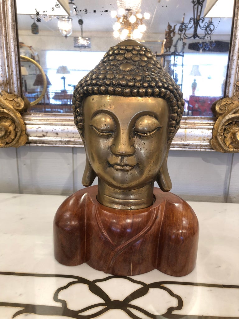 Stunning Bronze Buddha Statue on Wooden Base For Sale at 1stDibs