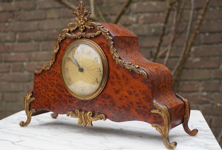 Stunning Burl Walnut Table or Mantel Clock with Stylish Bronze Feet and ...