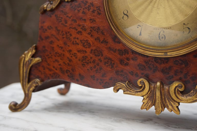 Stunning Burl Walnut Table or Mantel Clock with Stylish Bronze Feet and ...
