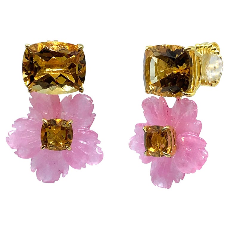 Stunning Cushion-cut Citrine and Carved Pink Quartzite Flower Drop ...