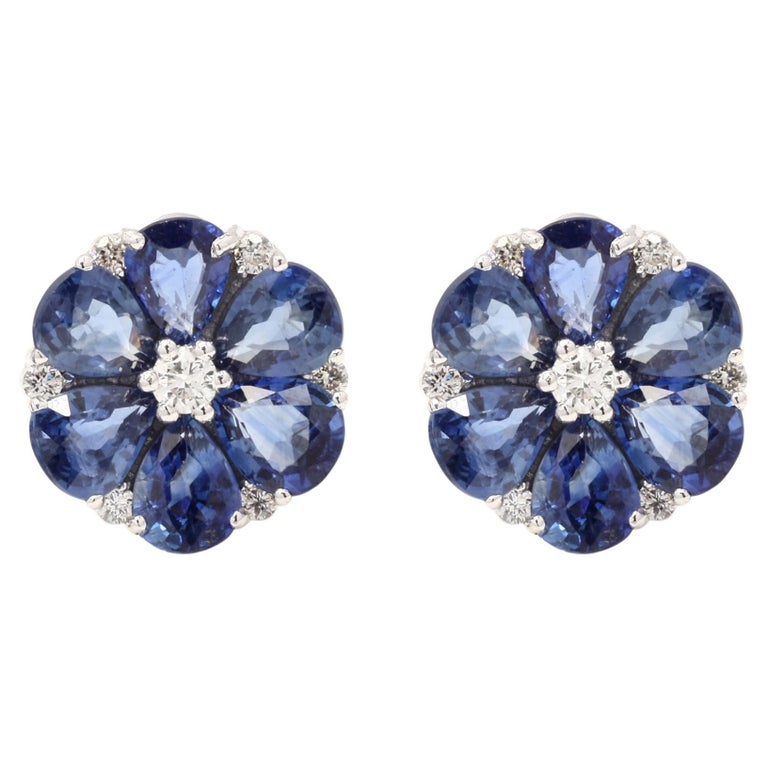 Stunning Floral Diamond and Sapphire Stud Earring Embedded in 18K White ...