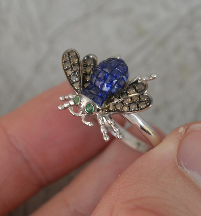 Stunning Diamond Sapphire Emerald 18ct White Gold Bee Cluster Ring For ...