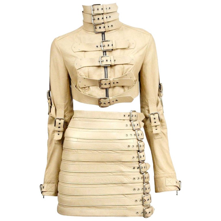 Stunning Dolce And Gabbana Bondage Buckle Leather Jacket Skirt Suit