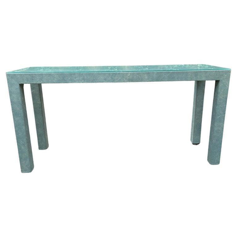 Stunning Edelman Blue Green Leather Wrapped Parsons Style Console Table ...