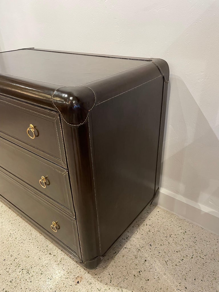 Stunning French Stitched Leather Clad 3-Drawer Cabinet For Sale at 1stDibs