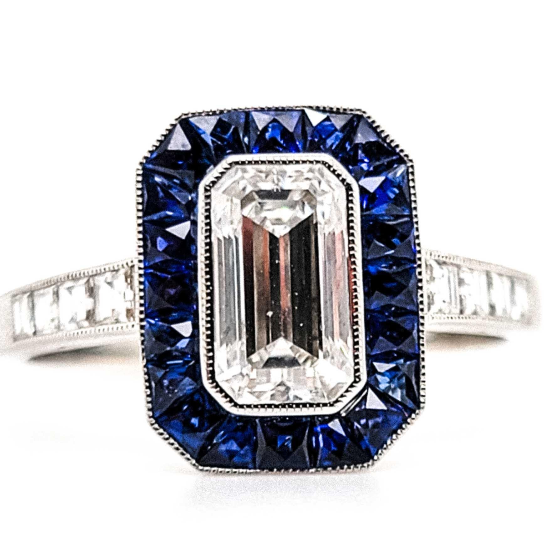 Stunning Platinum Emerald Cut Sapphire and Diamond Cocktail Ring For ...