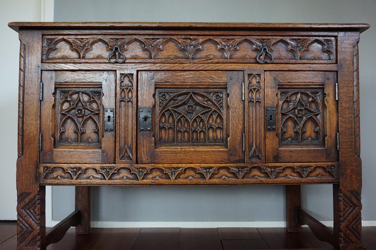 Stunning Gothic Revival Sideboard / Small Credenza w. Hand Carved ...