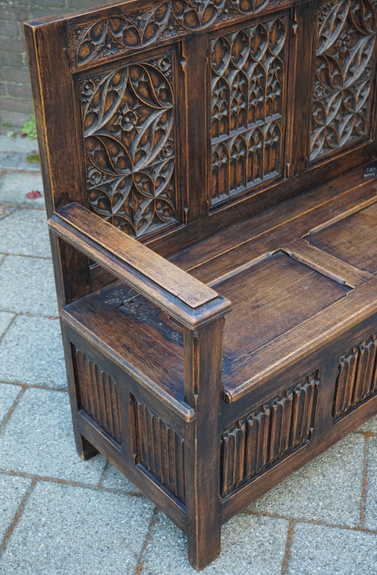 Hand Carved Early 20th Century Gothic Revival Hall Bench with Lid and ...