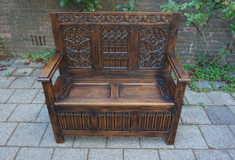 Hand Carved Early 20th Century Gothic Revival Hall Bench with Lid and ...