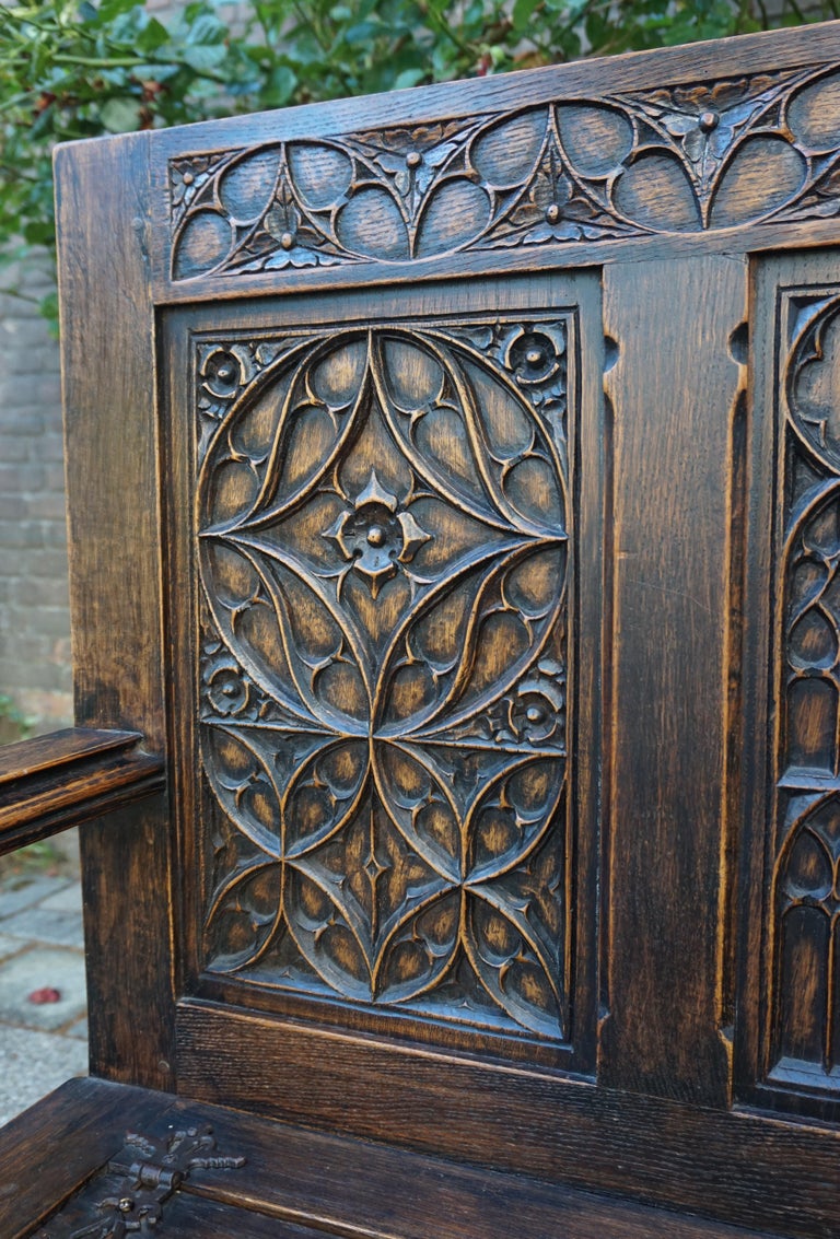 Hand Carved Early 20th Century Gothic Revival Hall Bench with Lid and ...