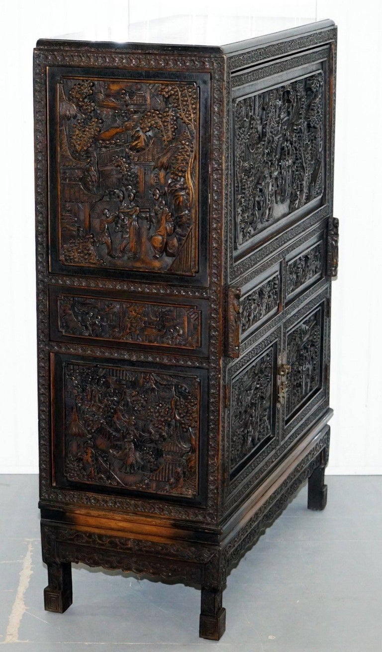 Stunning Heavily Carved Antique Chinese Cabinet Cupboard with Drop ...