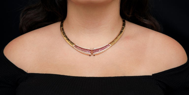 Stunning Heavy Omega 18 Karat Ruby Channel Set Diamond Necklace For ...