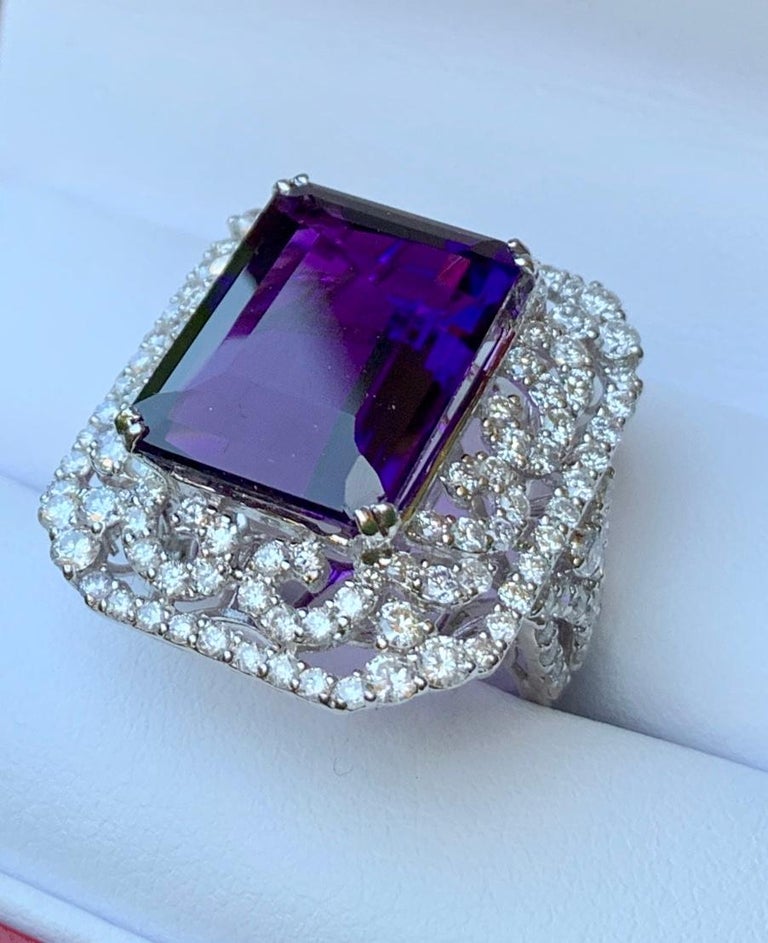 Stunning Large Emerald Cut Siberian Amethyst Diamond Ring in 18 Karat ...