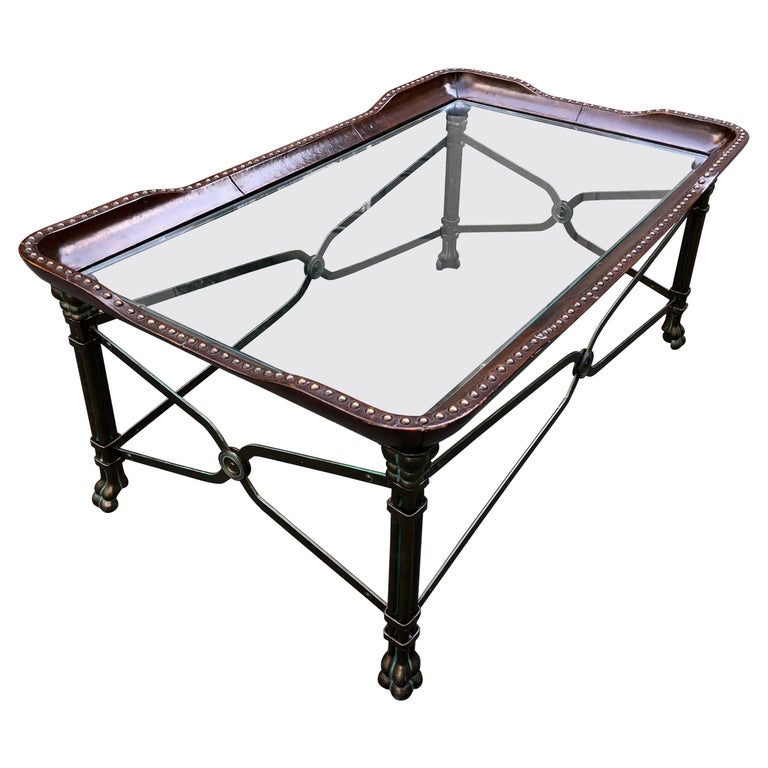 Stunning Leather Iron and Glass Rectangular Coffee Table at 1stDibs