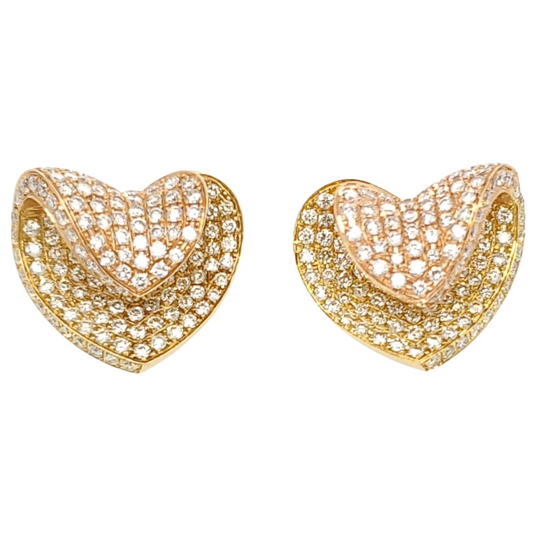Stunning Microset Two-Tone Diamond Heart Shape Stud Earrings in 18K Y ...