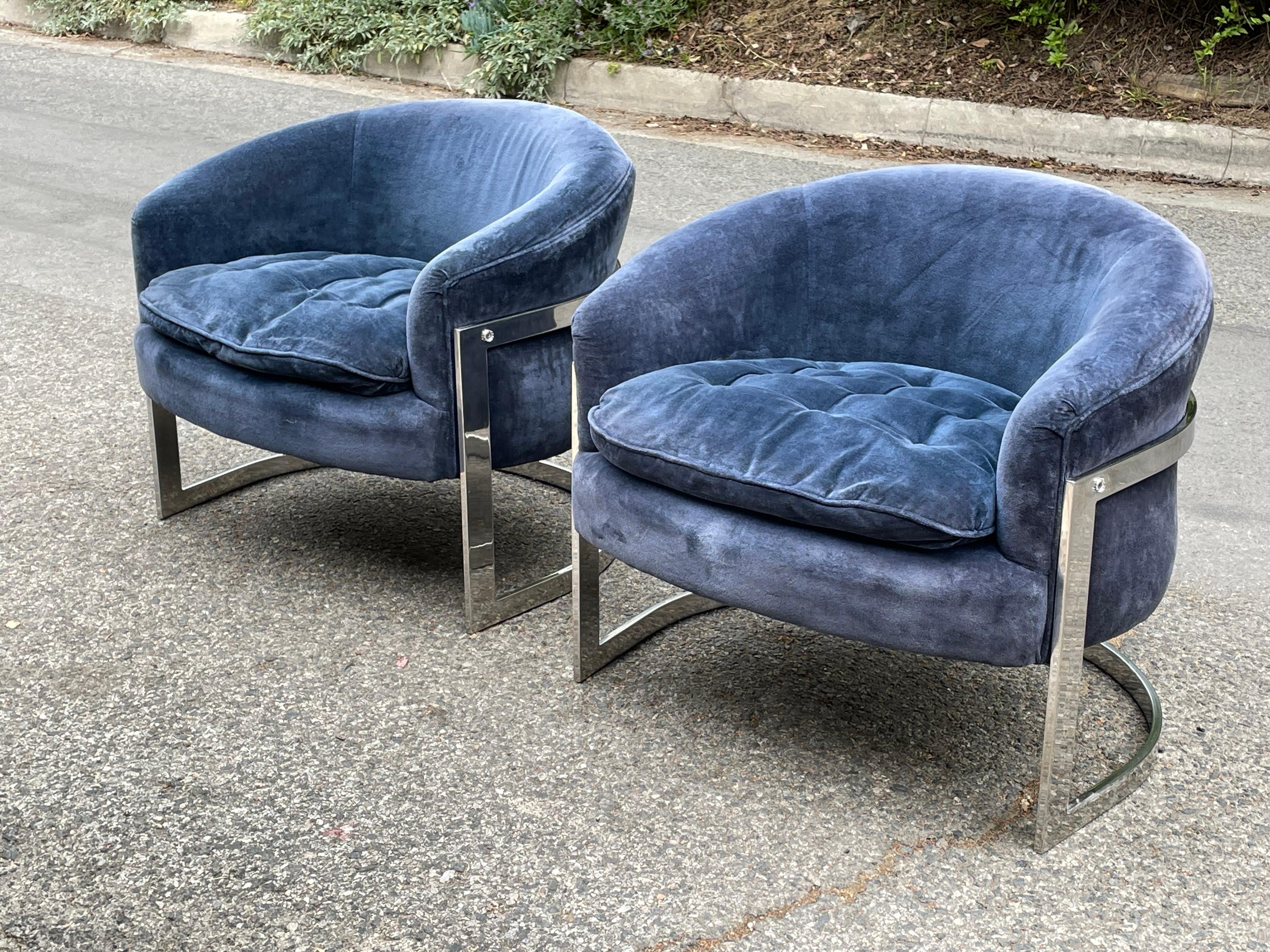 Stunning Milo Baughman Chrome Barrel Back Chairs in Original Blue ...