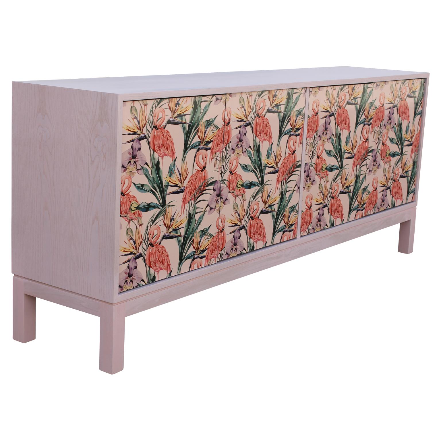 Stunning Modern Custom Sideboard / Cabinet with a Pink Tropical ...