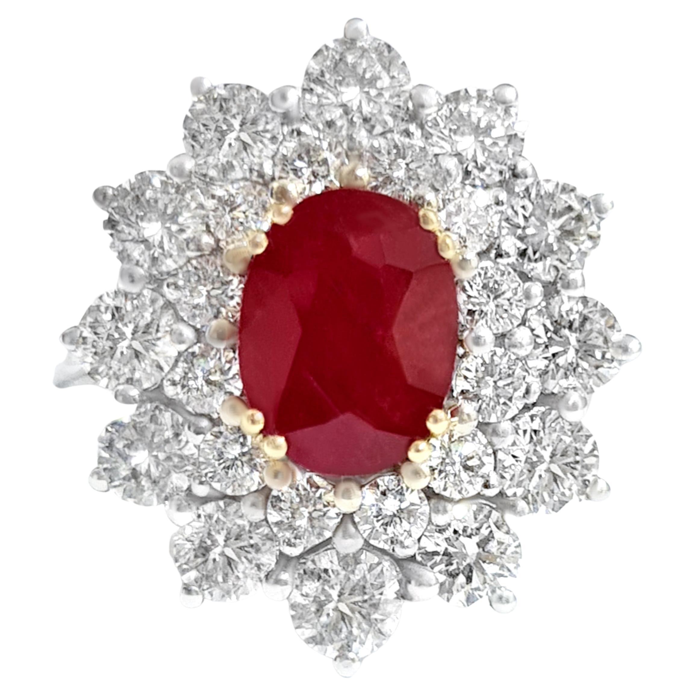 Oval Ruby Ring Round Diamond Halo 2.29 Carats 18K Gold For Sale at 1stDibs