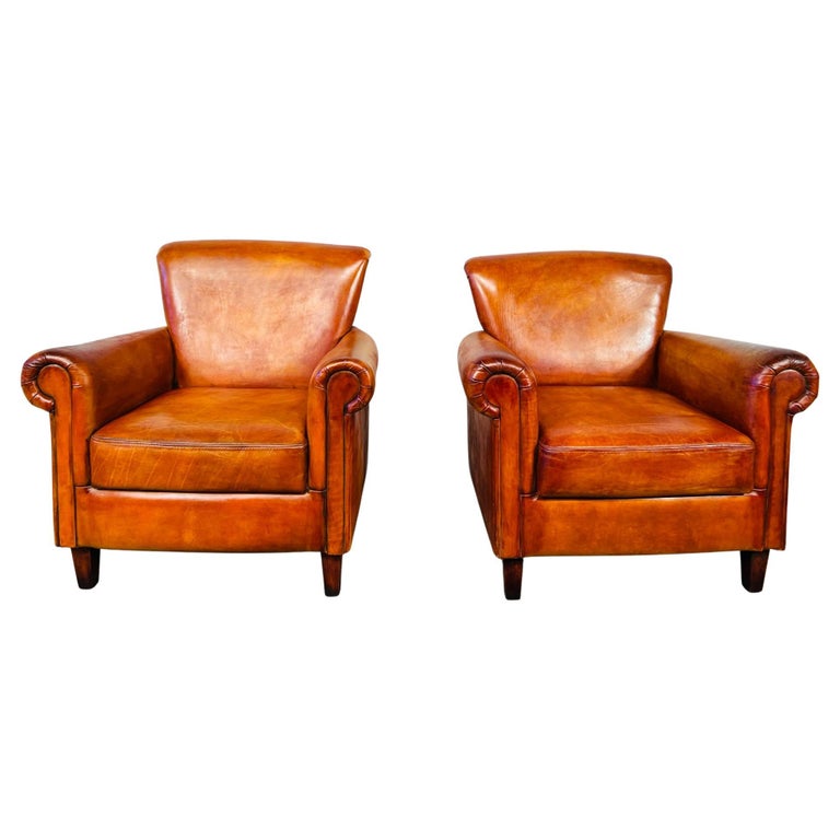 Stunning Pair of Club Leather Chairs, Hand Dyed Tan #634 at 1stDibs