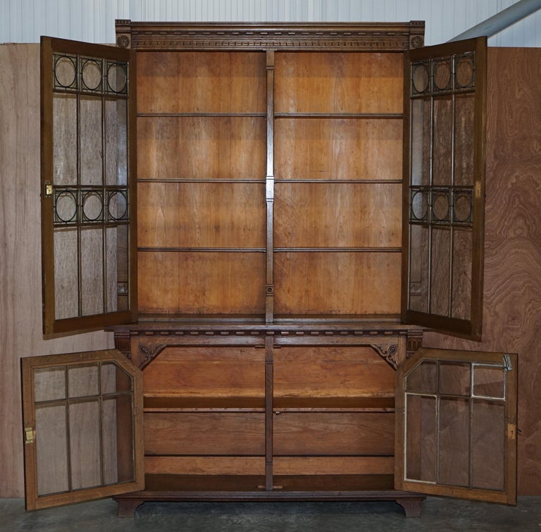 Stunning Pair of Huge Antique Victorian Oak Library Bookcases Leaded ...