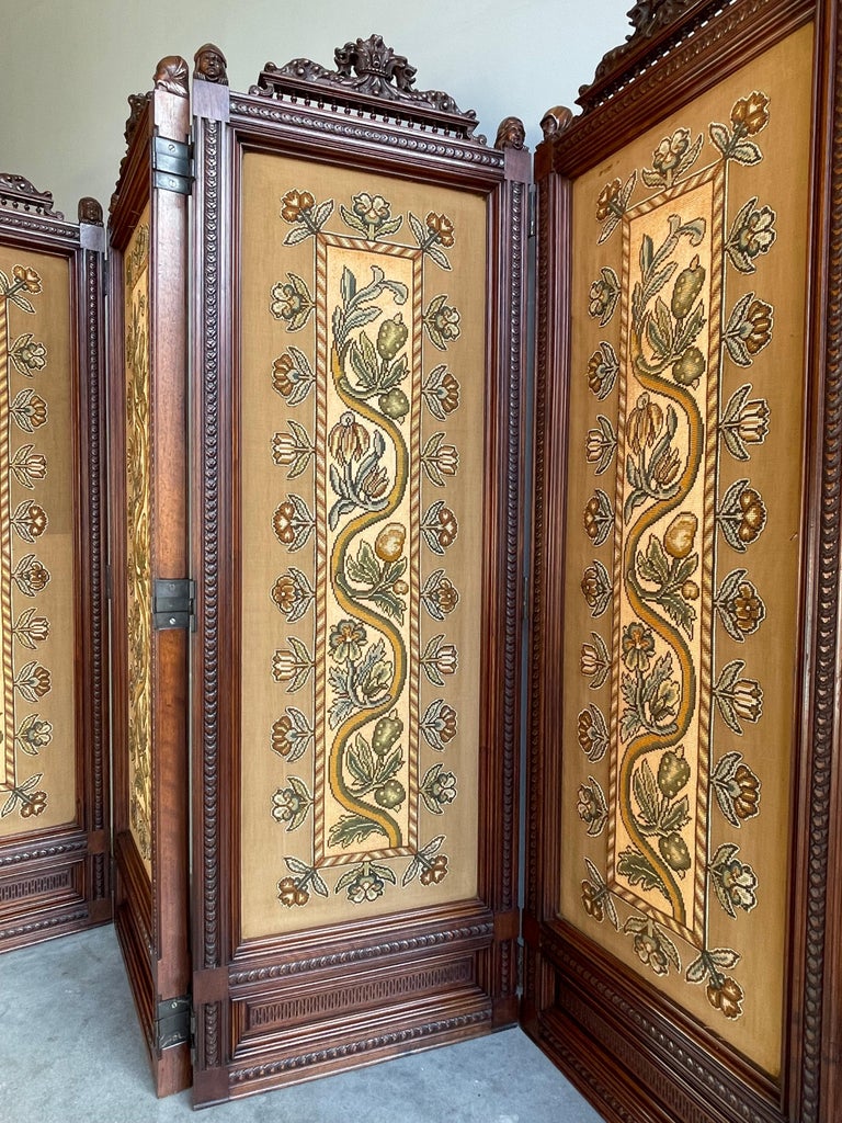 Stunning Renaissance Revival Folding Screen w. Embroidery and 8 Bust ...