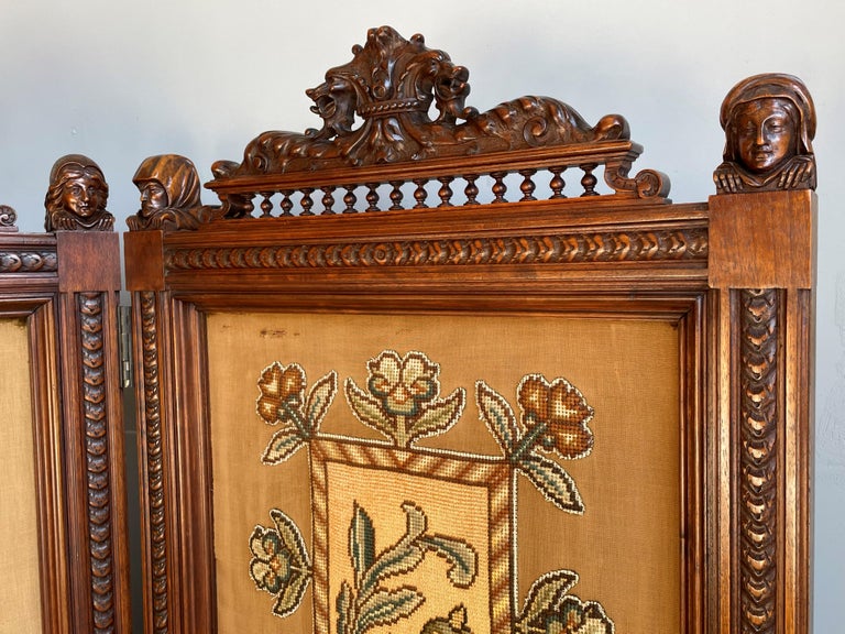 Stunning Renaissance Revival Folding Screen w. Embroidery and 8 Bust ...