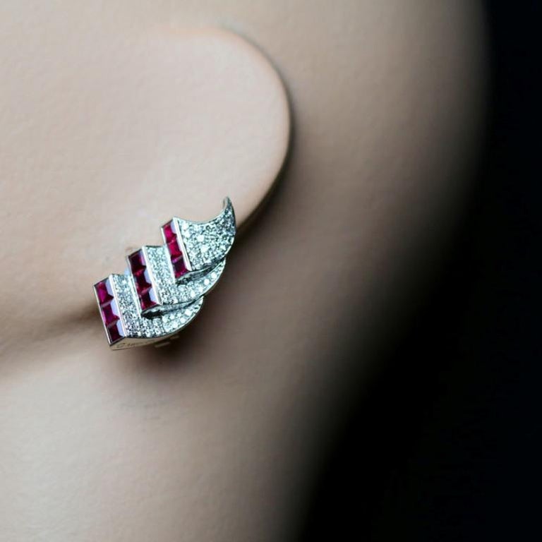 Stunning Retro Diamond and Ruby Triple Scroll Earrings by Drayson ...