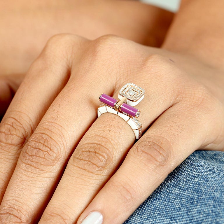 Stunning Rose Gold and Ceramic Inlay Ring with Swinging VS Diamond Pave ...