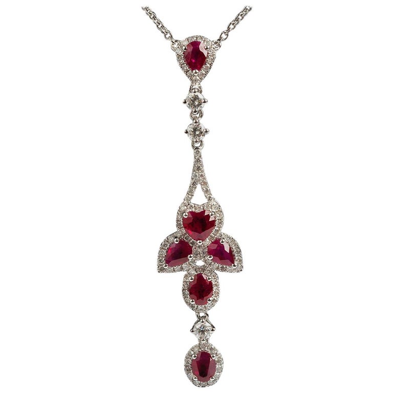 Stunning Ruby and Diamond Drop Necklace, 18 Karat White Gold at 1stDibs