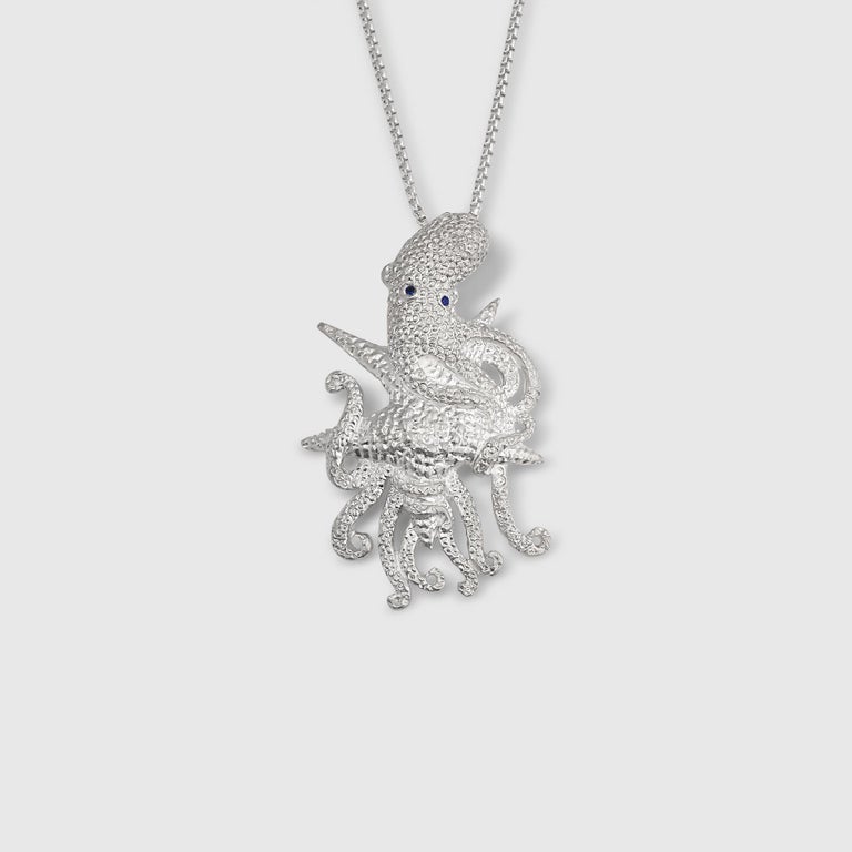 Stunning Sterling Silver Detailed Octopus Pendant Necklace w/ Blue ...