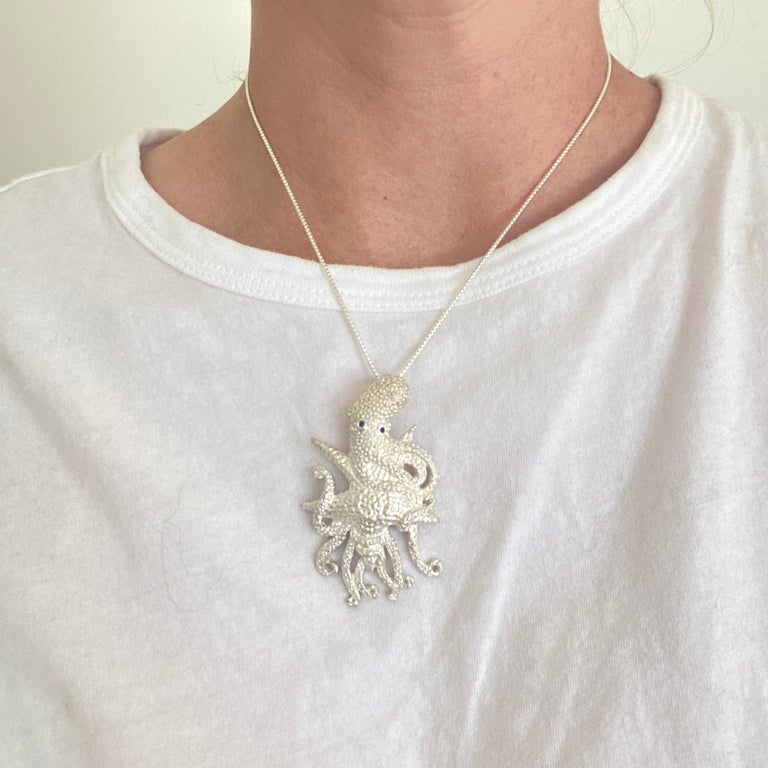 Stunning Sterling Silver Detailed Octopus Pendant Necklace w/ Blue ...