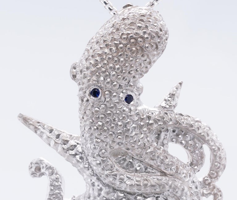 Stunning Sterling Silver Detailed Octopus Pendant Necklace w/ Blue ...