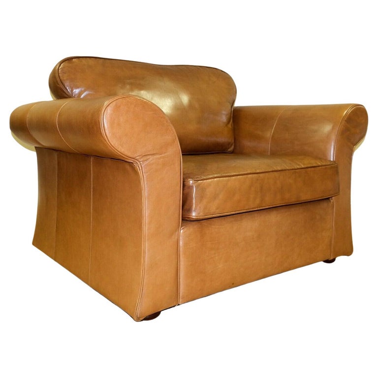 Stunning Tan Leather Armchair on Scroll Arms and Wooden Feet For Sale ...