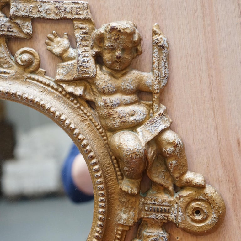 Stunning Victorian Heavy Metal Wall Mirror Armorial Crest Cherub Puttie ...