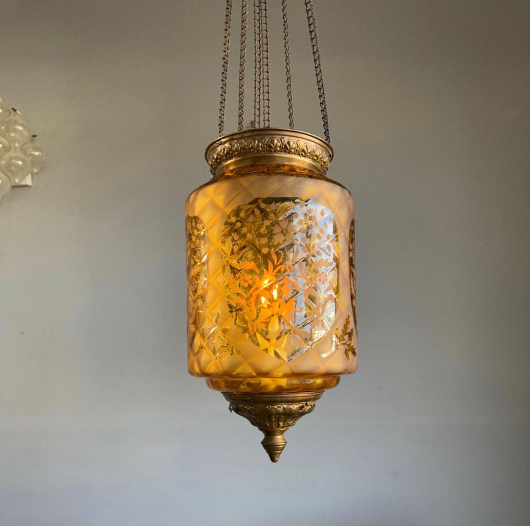 Stunning Victorian Lighting Gothic Brass and Mouth Blown Art Glass ...