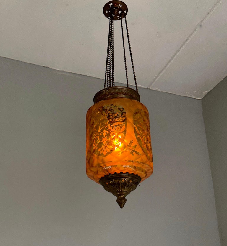 Stunning Victorian Lighting Gothic Brass and Mouth Blown Art Glass ...