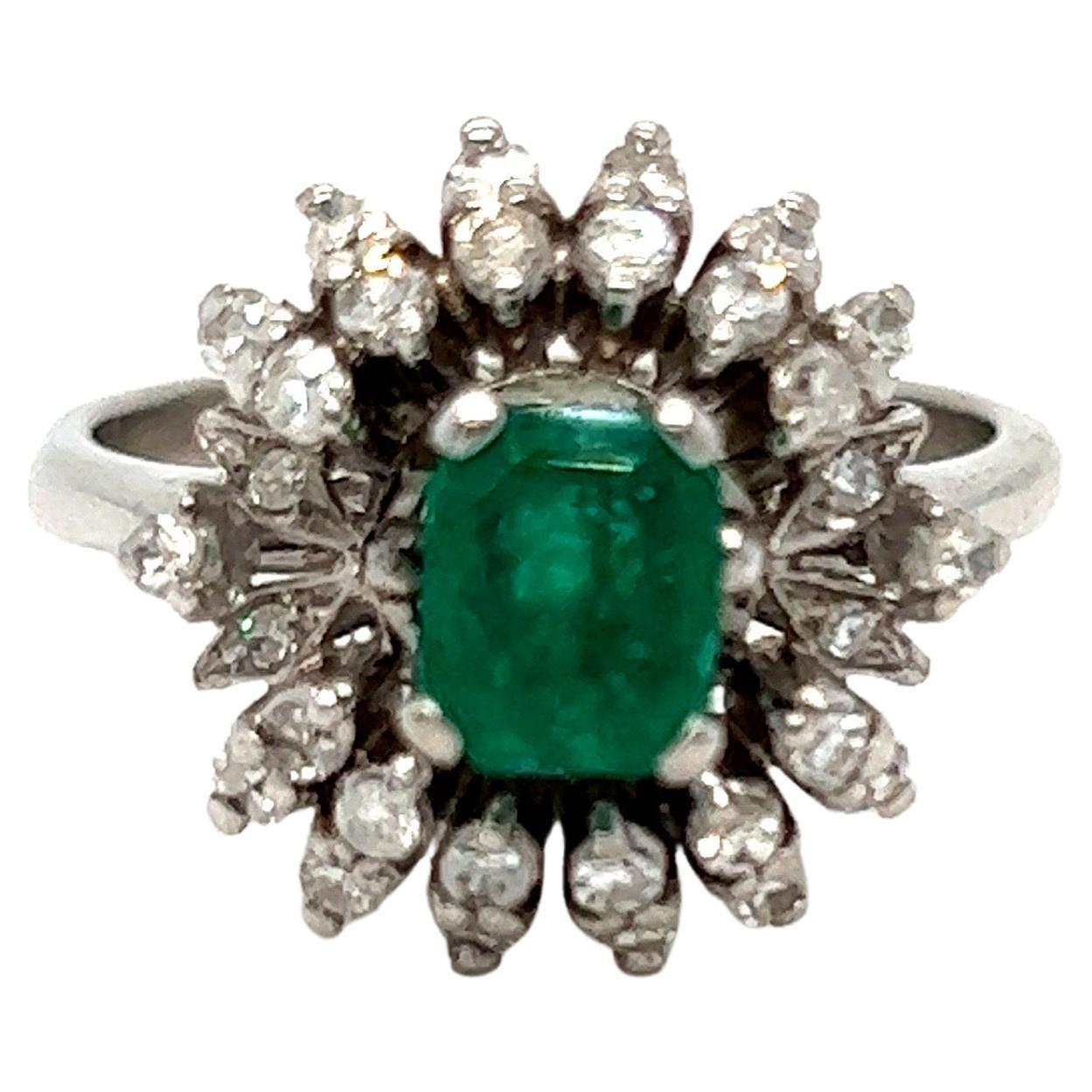 Vintage Emerald and Diamond 18 Carat White Gold Cluster Ring For Sale ...