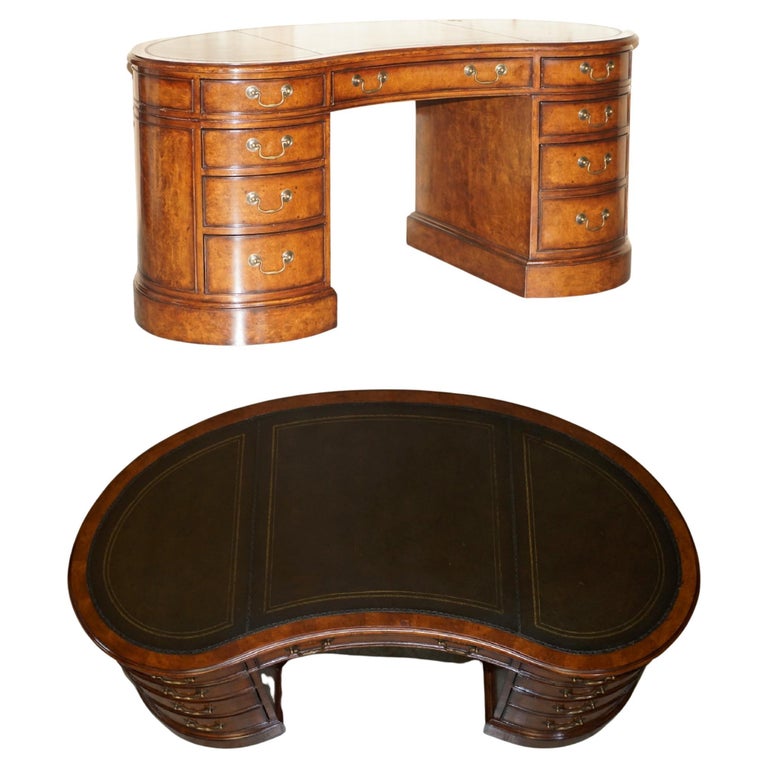 STUNNING VINTAGE BURR WALNUT GREEN LEATHER KiDNEY DESK WITH STUNNING ...