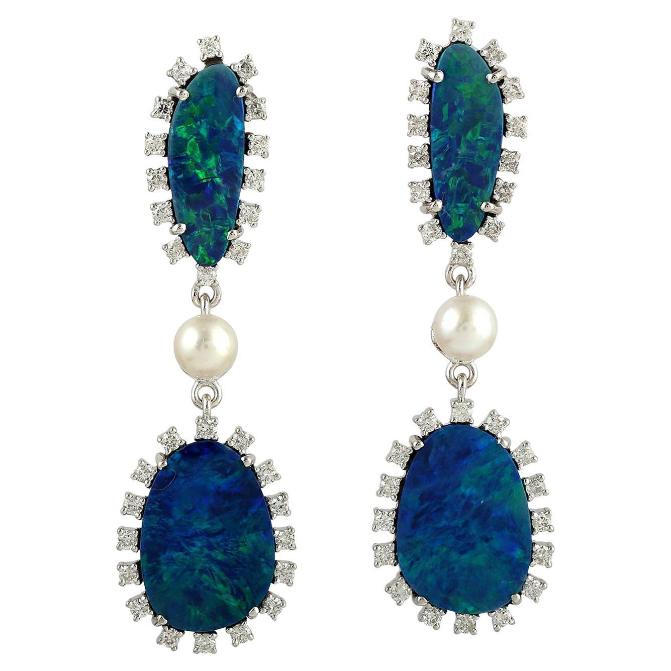 Stunning Natural Black Opal Sapphire and Diamond Dangle Earrings 18k ...