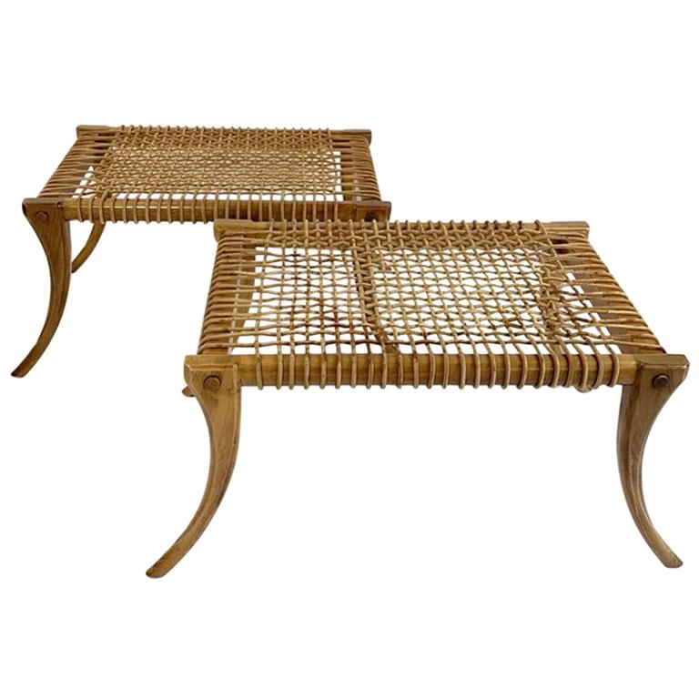 Stunning Woven Leather Neoclassical Klismos Benches, a Pair at 1stDibs