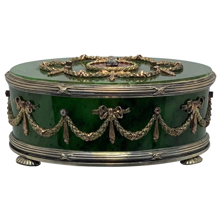 Style of Faberge Guilloche Nephrite Jade Trinket Box For Sale at 1stDibs