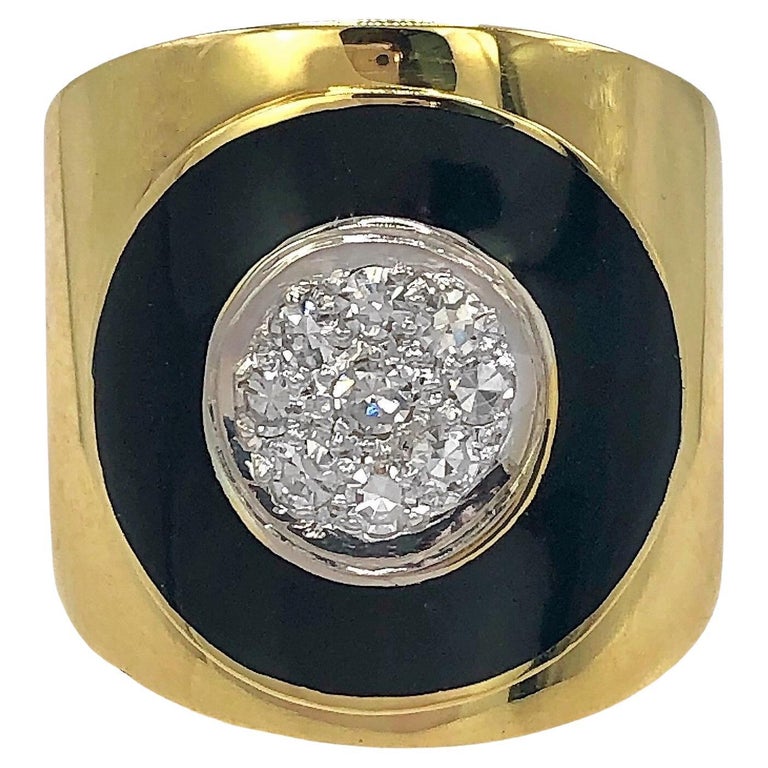 Stylish 18K Yellow Gold, Italian, Enamel and Diamond Cigar Band Ring ...
