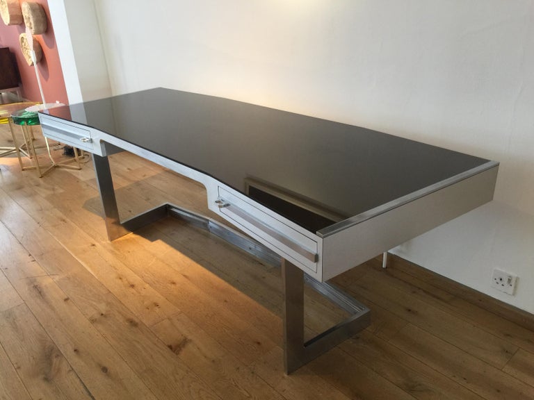 Stylish 1970s French Steel and Smoked Glass Desk, by Raymond Cohen at ...